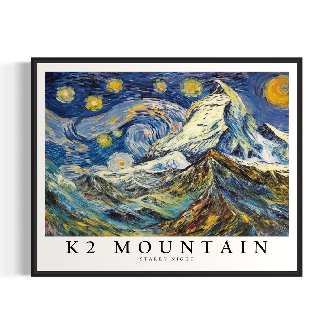 K2 Mountain Starry Night Art Print, Van Gogh Style Poster Wall Art ...