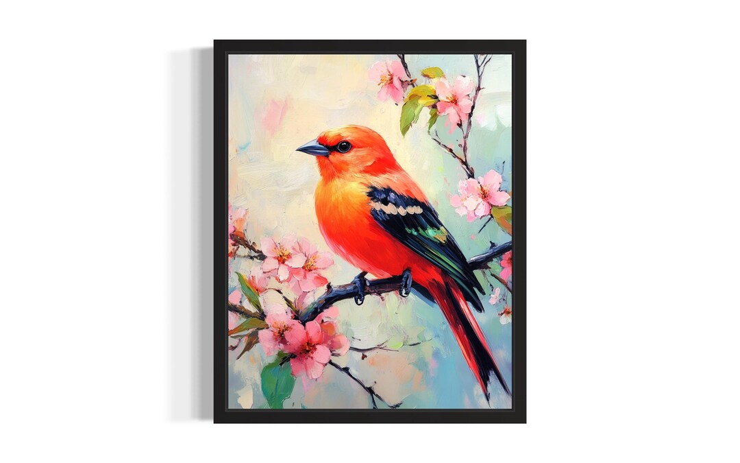 Scarlet Tanager Bird With Flowers Poster Art Print, Living Room Wall ...