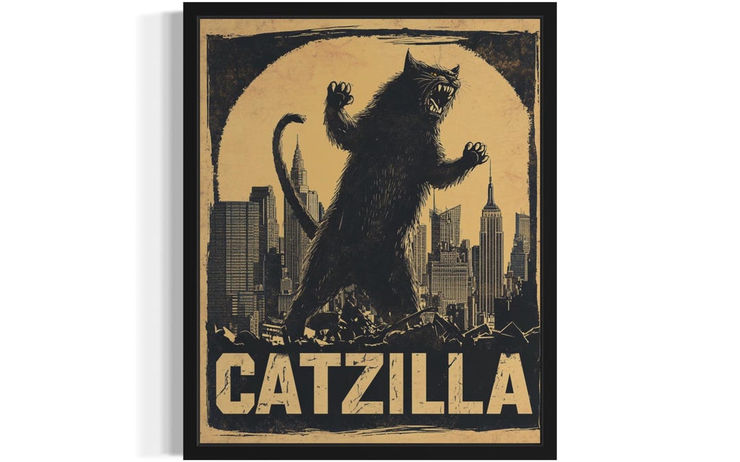 Funny Catzilla Art Print, Cat Wall Art Poster, Original Paint Artwork ...