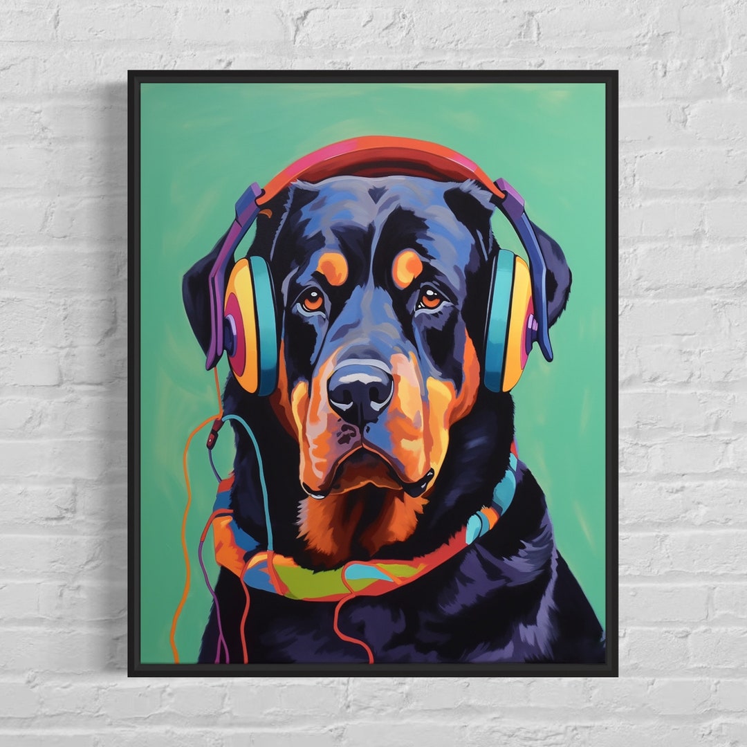 Rottweiler With Headphones Art Print, Dog Wall Art Poster, Original ...