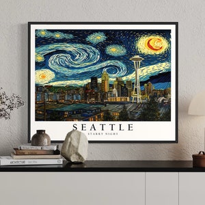Seattle Starry Night Art Print, Van Gogh Seattle Poster Wall Art ...