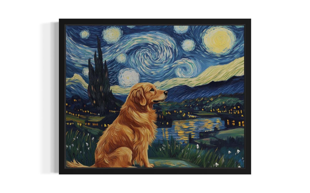 Golden Retriever Dog Starry Night Art Print, Wall Art Poster, Original ...