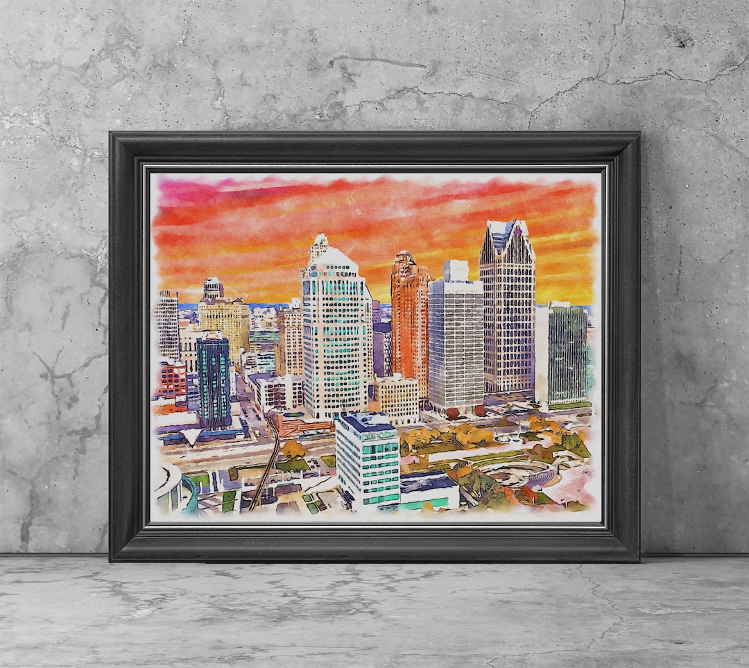 Detroit Watercolor Art Print, Detroit Michigan Original Sketched ...