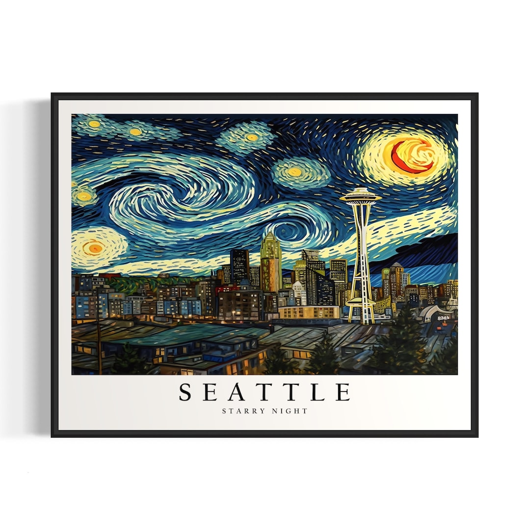 Seattle Starry Night Art Print, Van Gogh Seattle Poster Wall Art ...