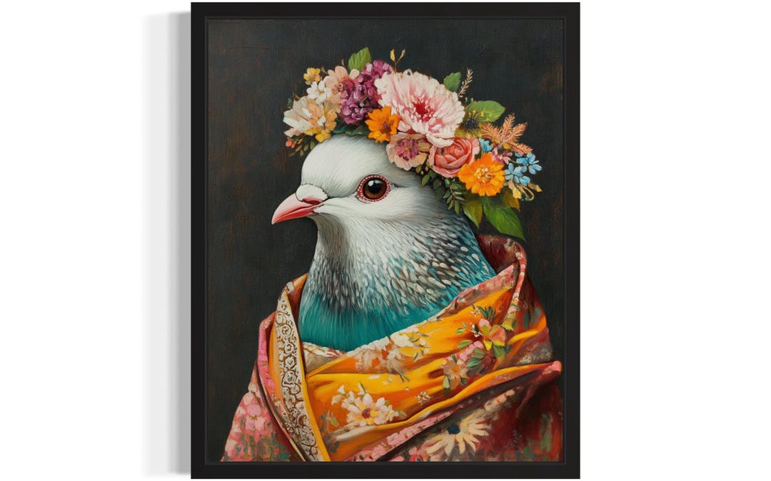 Pigeon Animal With Flower Art Print, Wall Art Poster, Original Paint ...