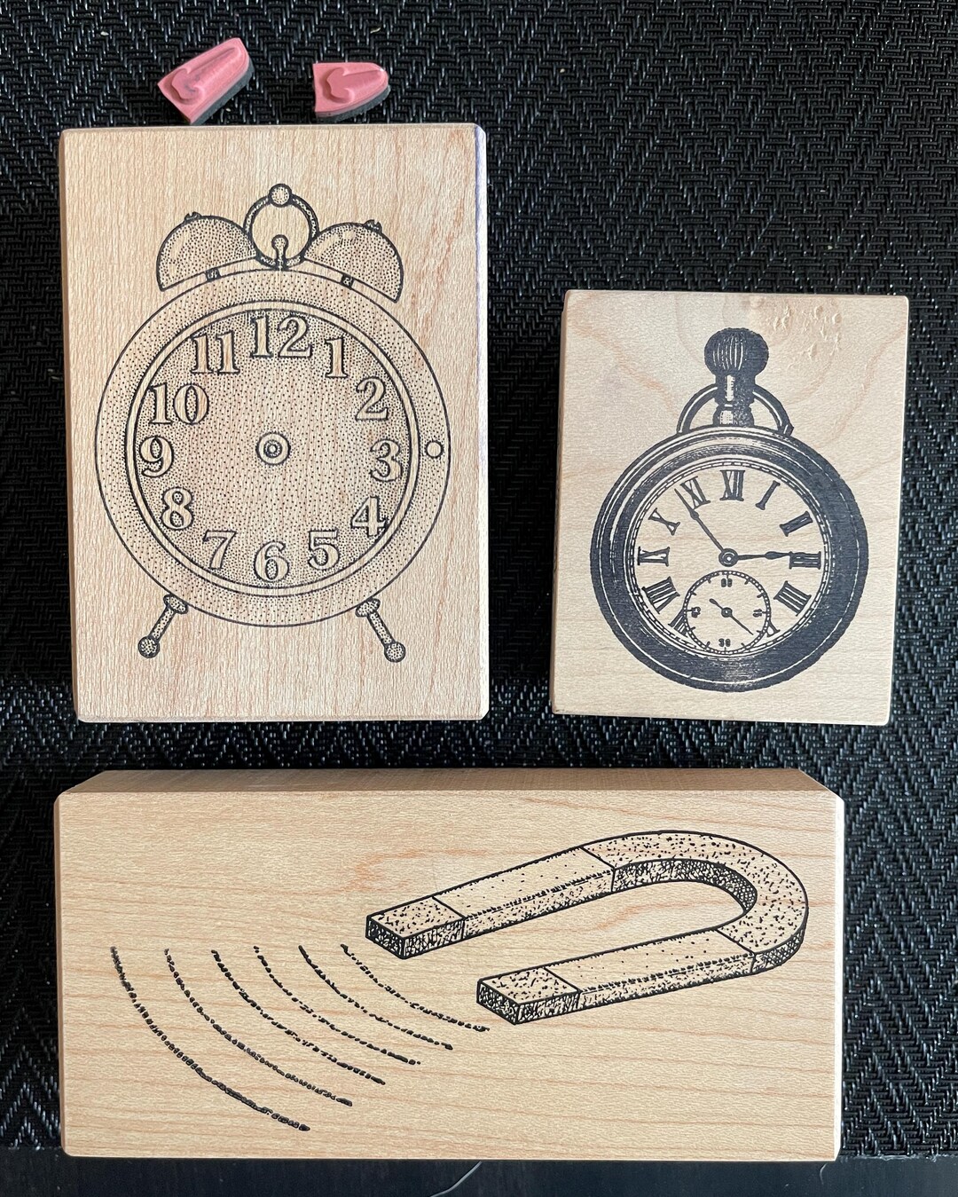 Rubber Stamps of an Alarm Clock, a Stopwatch, and a Horseshoe Magnet - Etsy