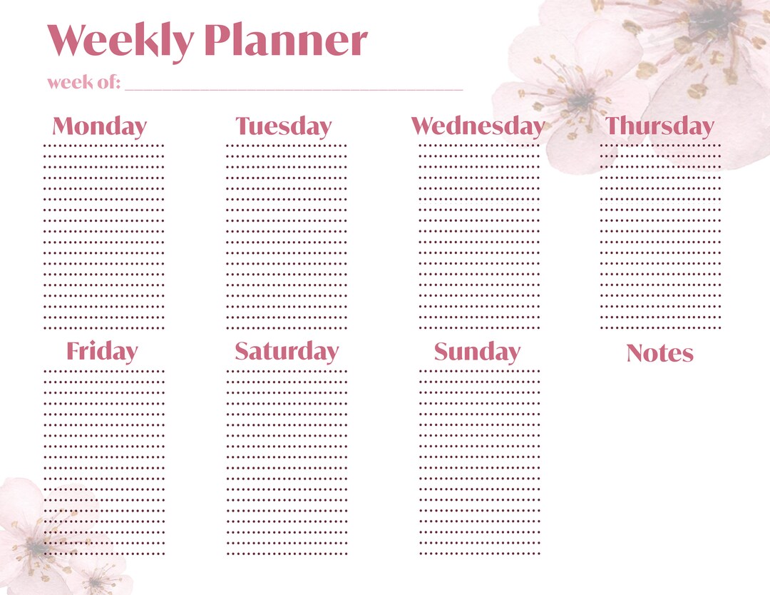 Weekly Planner cherry Blossoms Printable Page - Etsy
