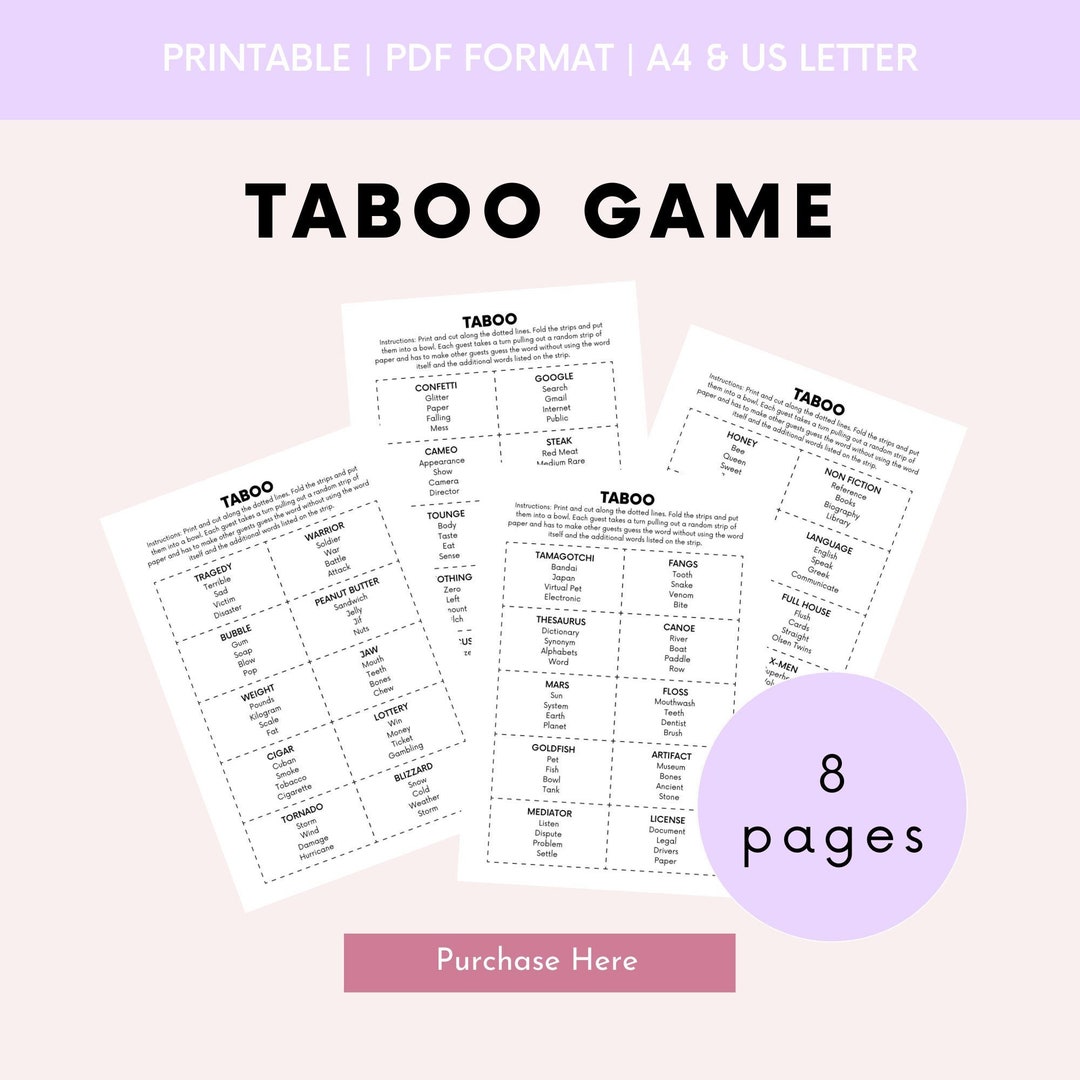 Printable Taboo Cards, Adult Taboo Games, Unspeakable and Guess the ...