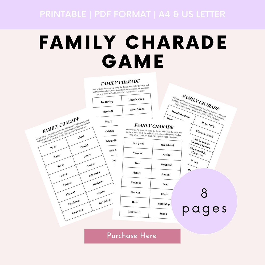 Printable Family Charade Game, 128 Cards (PDF Pattern) - Etsy