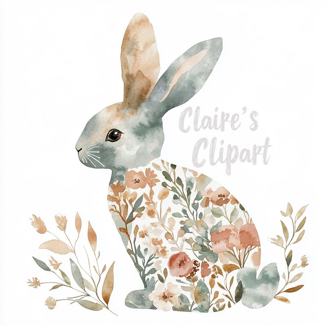 Watercolor Easter Bunny PNG, Spring Floral Clipart, SVG Clip Art File ...