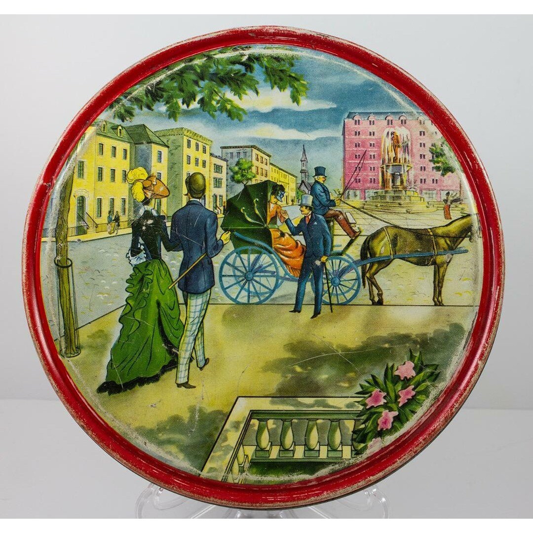 Vintage 1950's Barricini Candies Round Tin W/lid Horse & Carriage NYC 8 ...