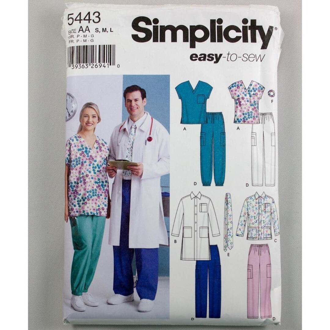 Simplicity Pattern 5443 Men's Women's Scrubs Jacket Tie Size S,M,L ...