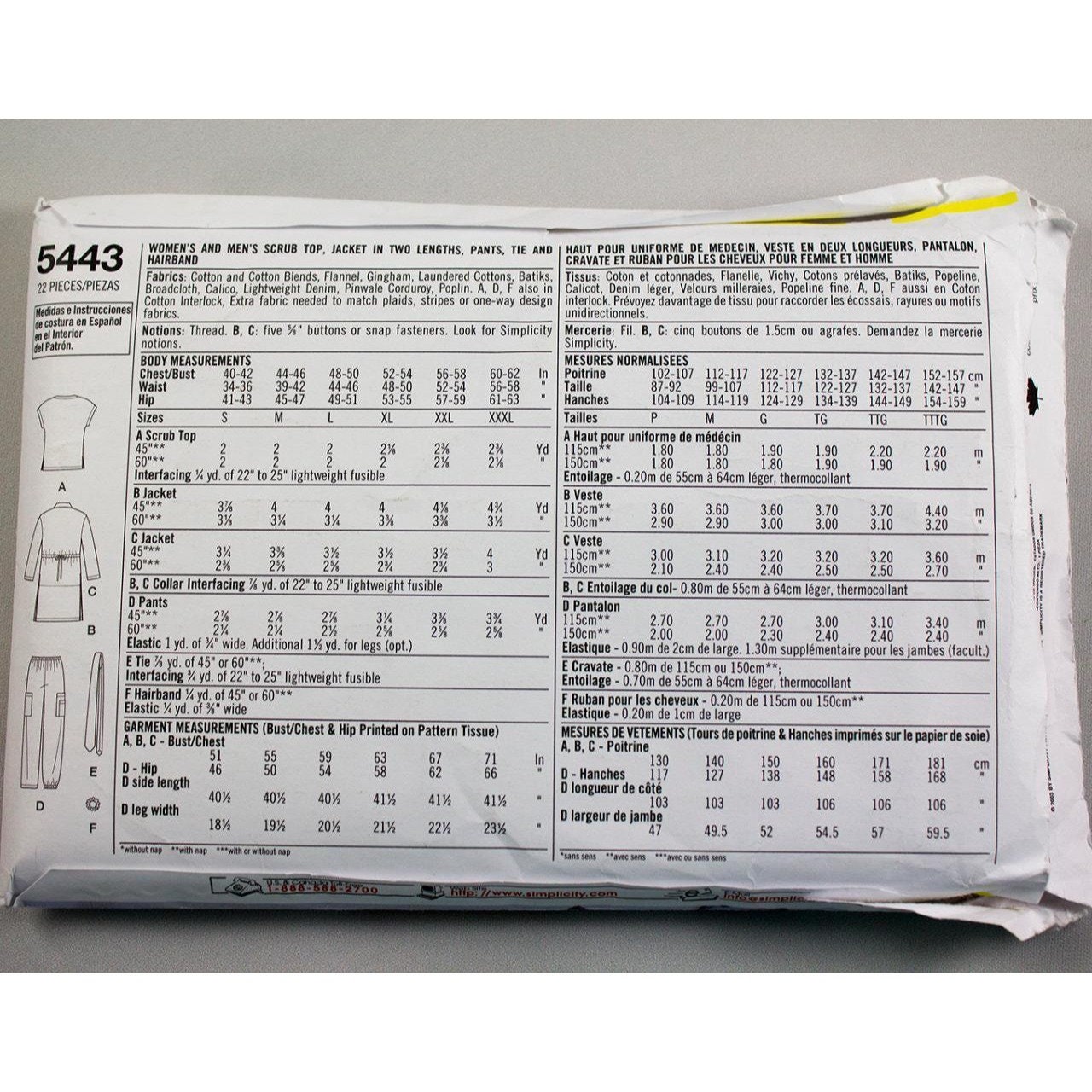 Simplicity Pattern 5443 Men's Women's Scrubs Jacket Tie Size S,M,L ...