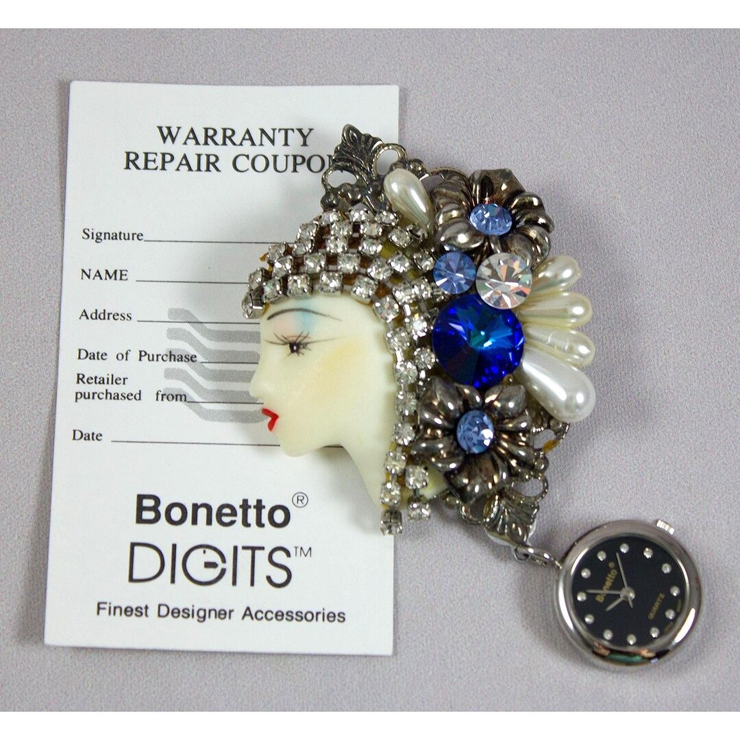 Vintage Bonetto Digits Ladies Quartz Watch Pin Brooch Rhinestones Art ...