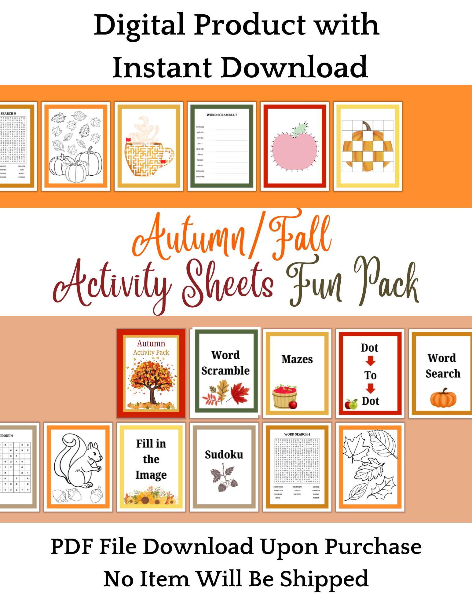 Activity Sheets for Kids, Autumn/fall Themed, Printable, Digital ...