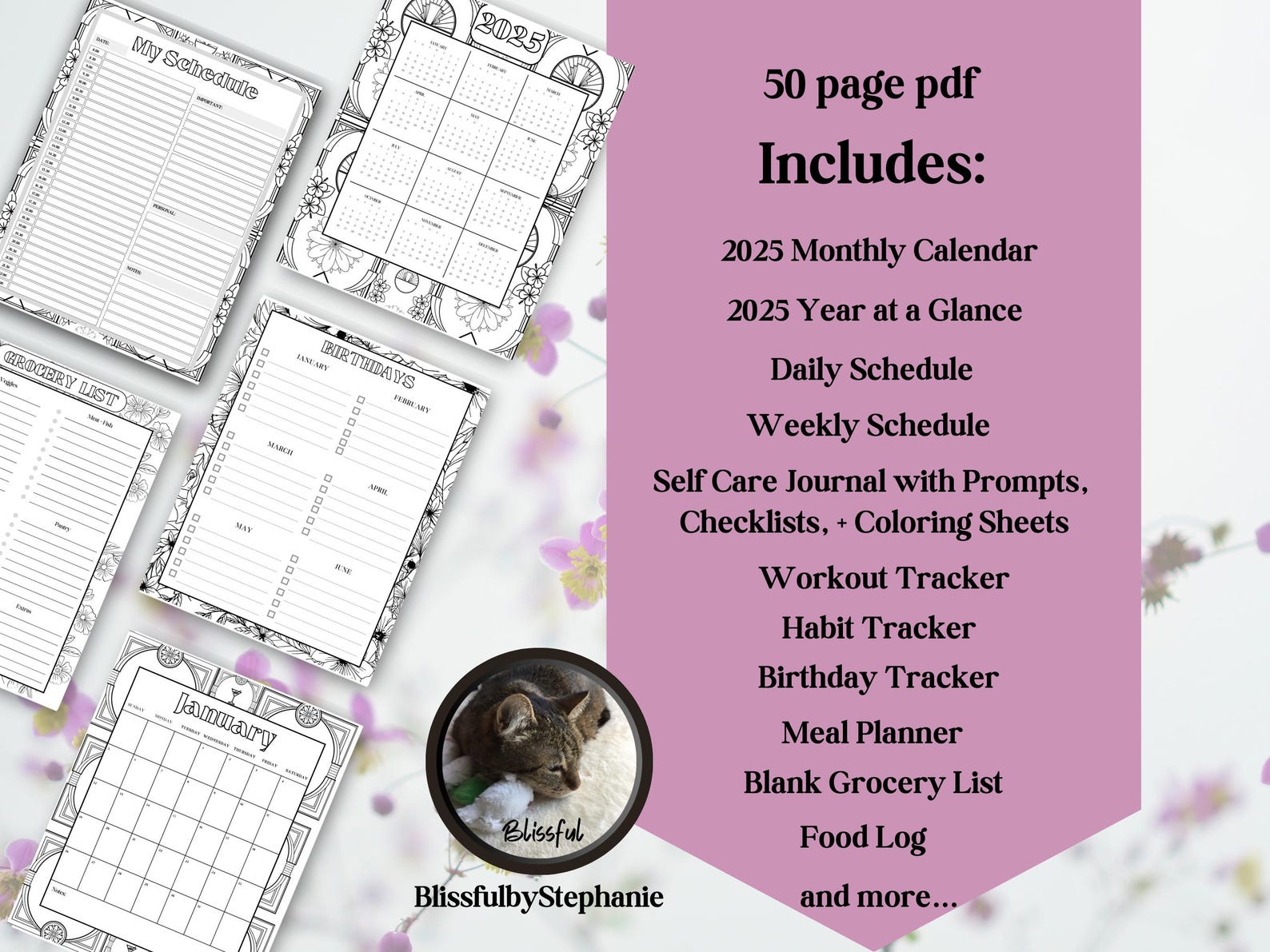 2025 Flowers Printable Planner With Color-in Pages, Calendar, Daily ...