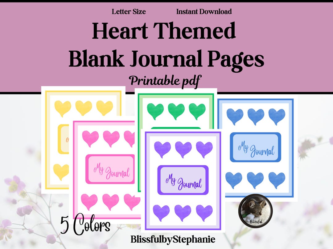 Blank Journal, 5 Printable Heart Themed Journals Bundle, 5 Colors ...
