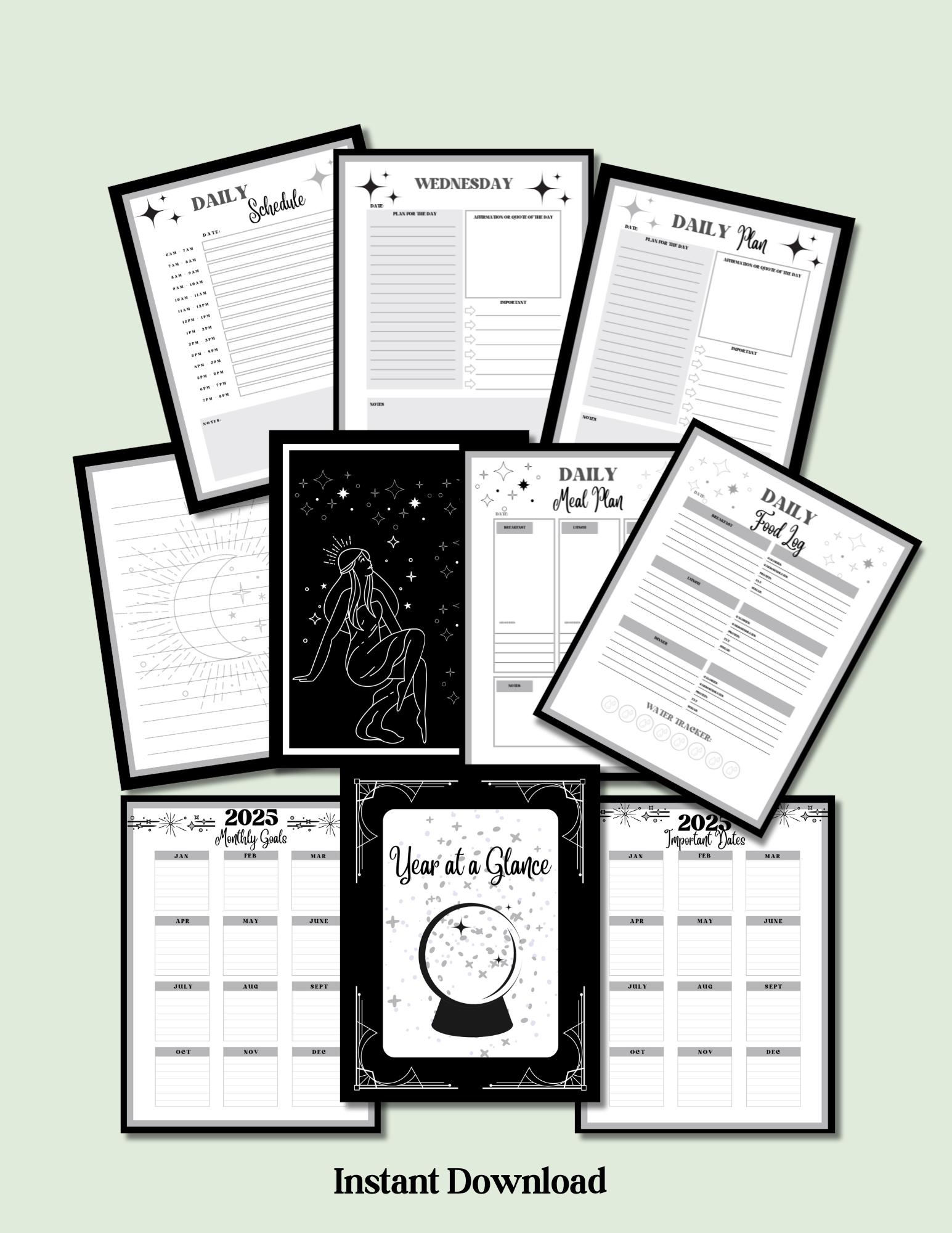 Mystical Daily Planner Printable, Black & White, Retro Look (digital ...