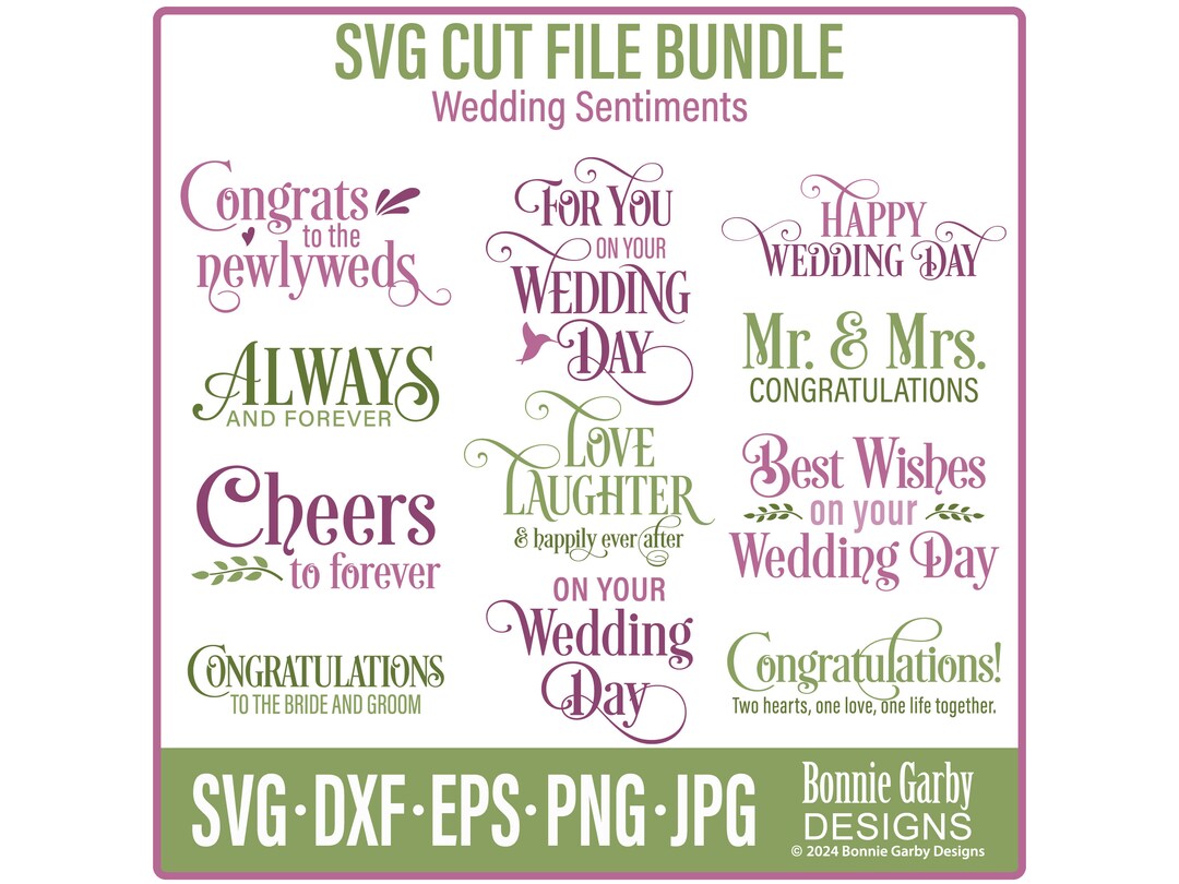 Wedding Sentiments SVG Cut File Bundle, Full Color Digital Stamp ...