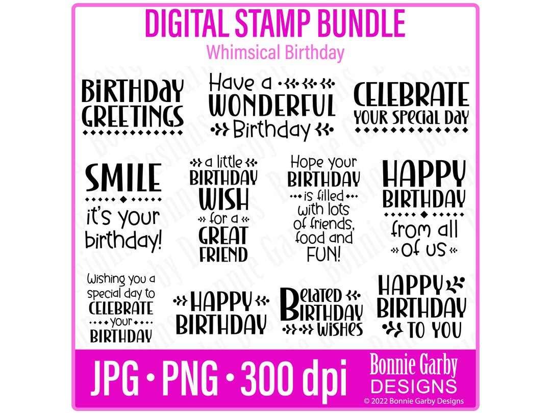 Whimsical Birthday Digital Stamp Bundle, Photo Overlays, Clip Art, Word ...
