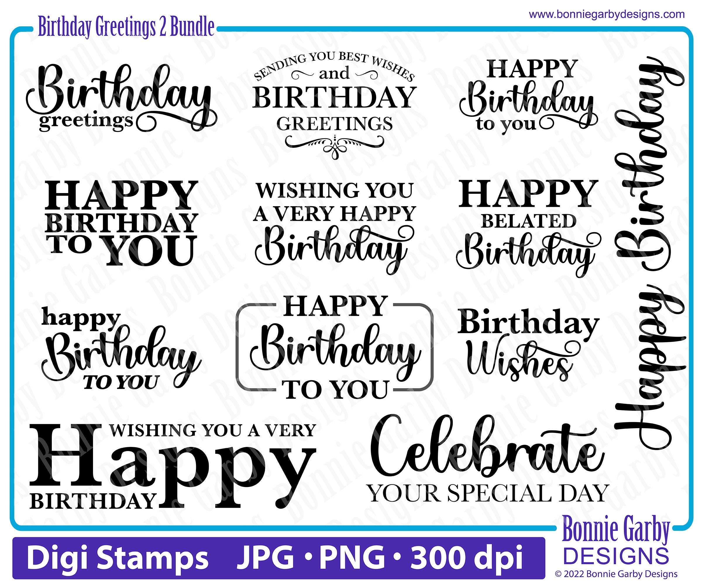 Birthday Greetings 2 Digital Sentiment Stamp Bundle Word Art - Etsy