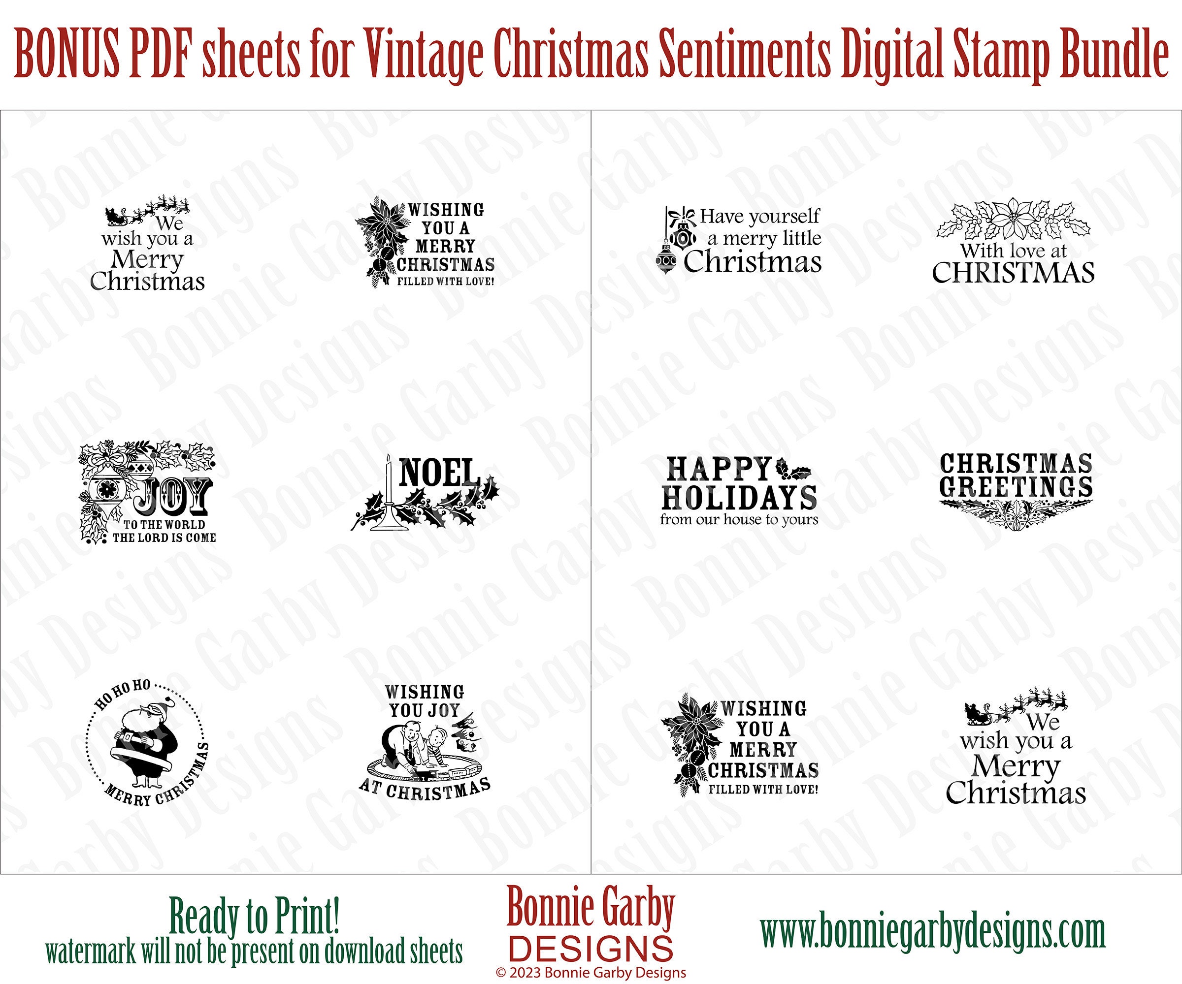 Vintage Christmas Sentiments Digital Stamp Bundle, Word Art Quotes for ...