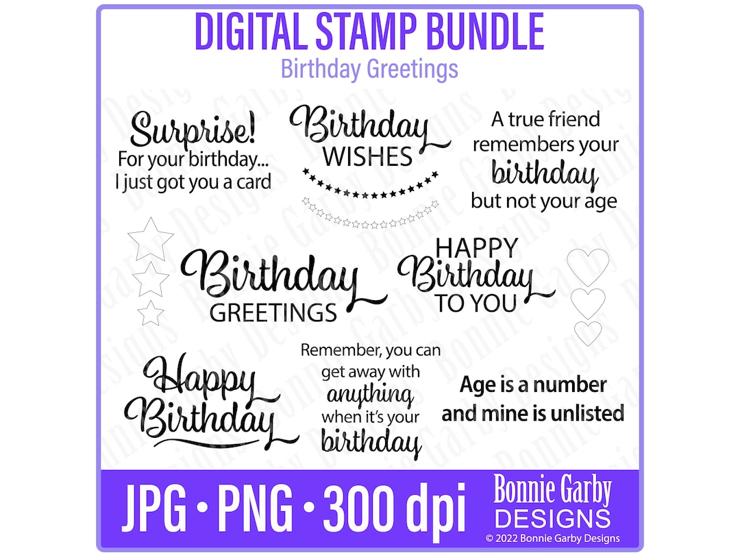 Birthday Greetings Digital Stamp Bundle, Word Art Quotes, Clip Art ...