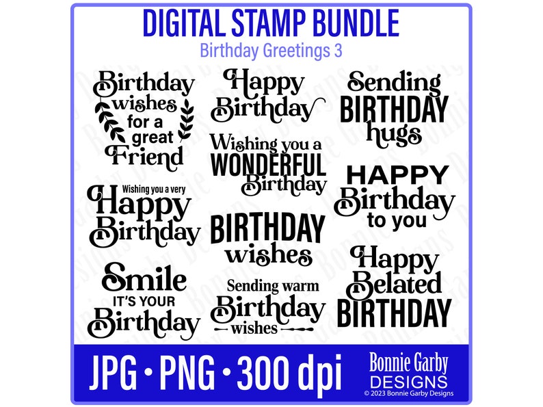 Birthday Greetings 3 Digital Sentiment Stamp Bundle, Word Art Quotes ...