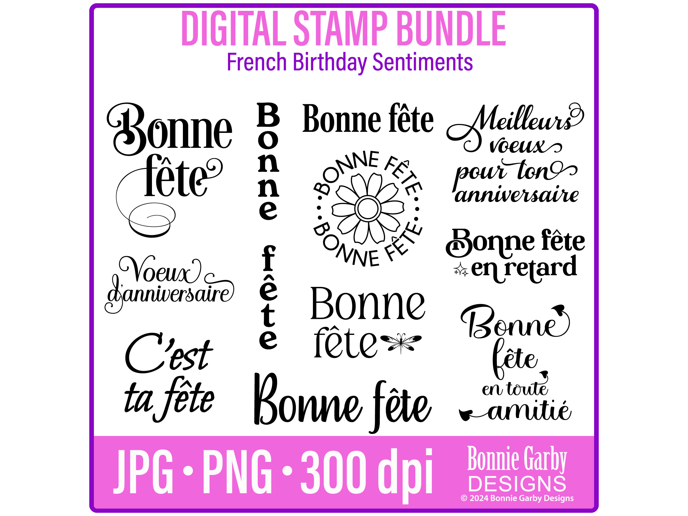 Bonne Fete Birthday Greetings Digital Sentiment Stamp Bundle, Word Art ...
