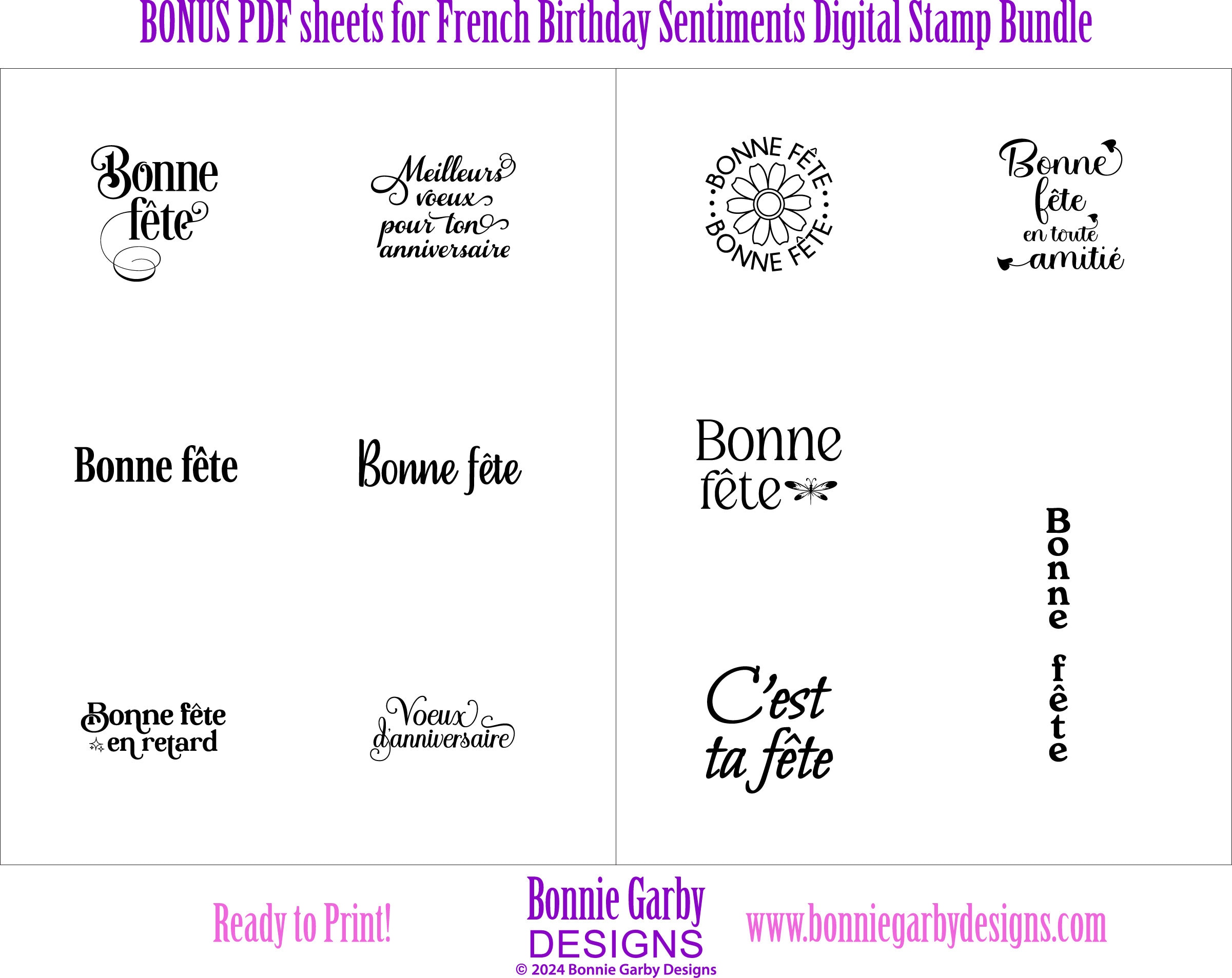 Bonne Fete Birthday Greetings Digital Sentiment Stamp Bundle, Word Art ...