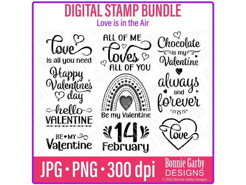 Love is in the Air Valentine Digital Stamp Bundle, Clip Art, Word Art ...