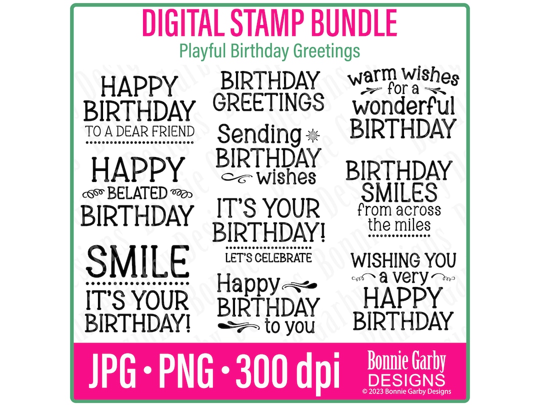 Playful Birthday Greetings Digital Sentiment Stamp Bundle, Word Art ...