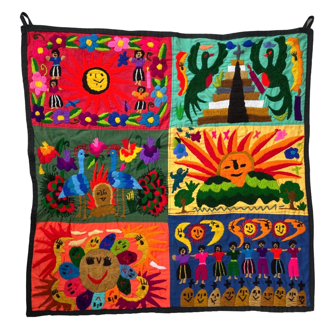Vintage Latin American Embroidered Fabric Wall Hanging – Colorful Folk ...