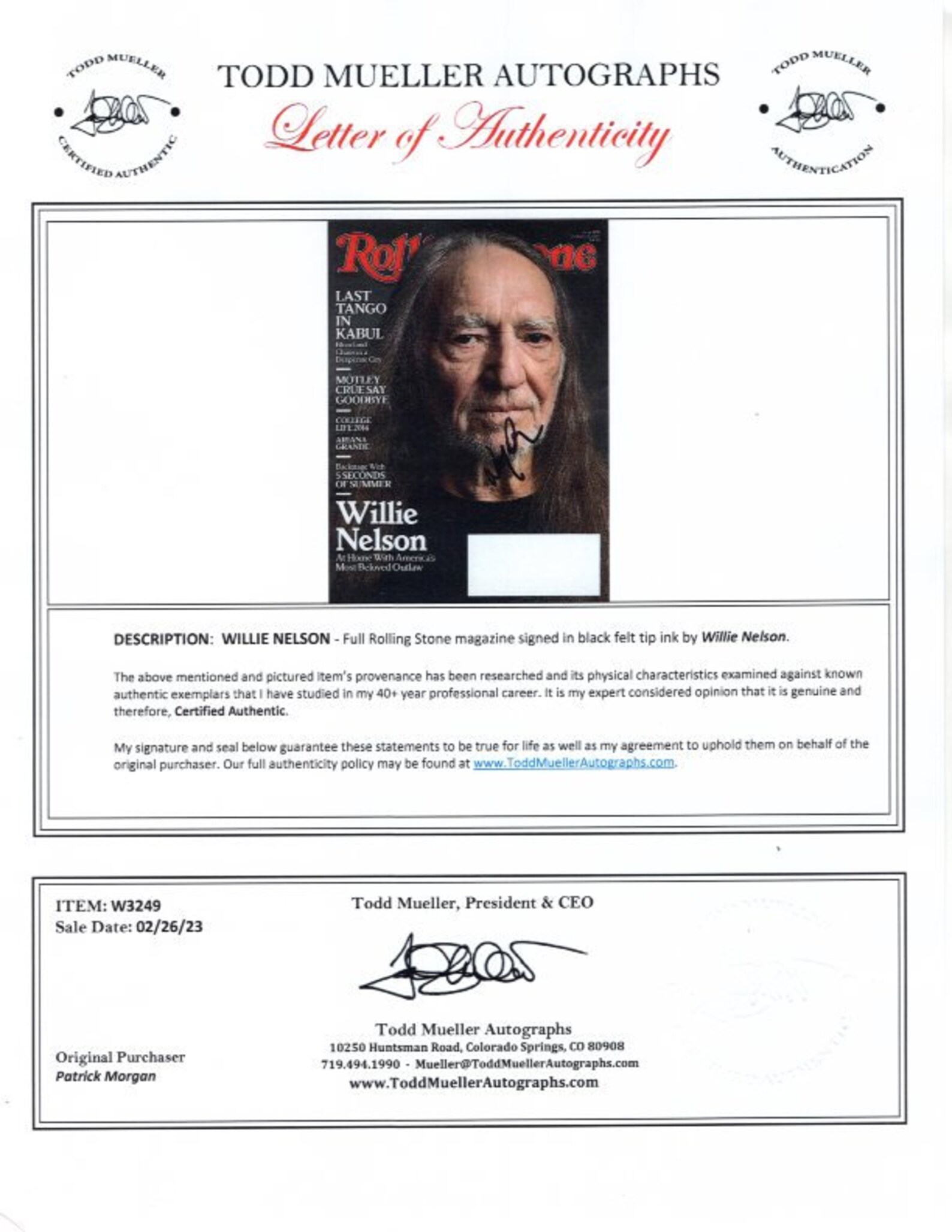 Willie Nelson Signed Autographed 8x10 Rolling Stone Magazine Todd ...