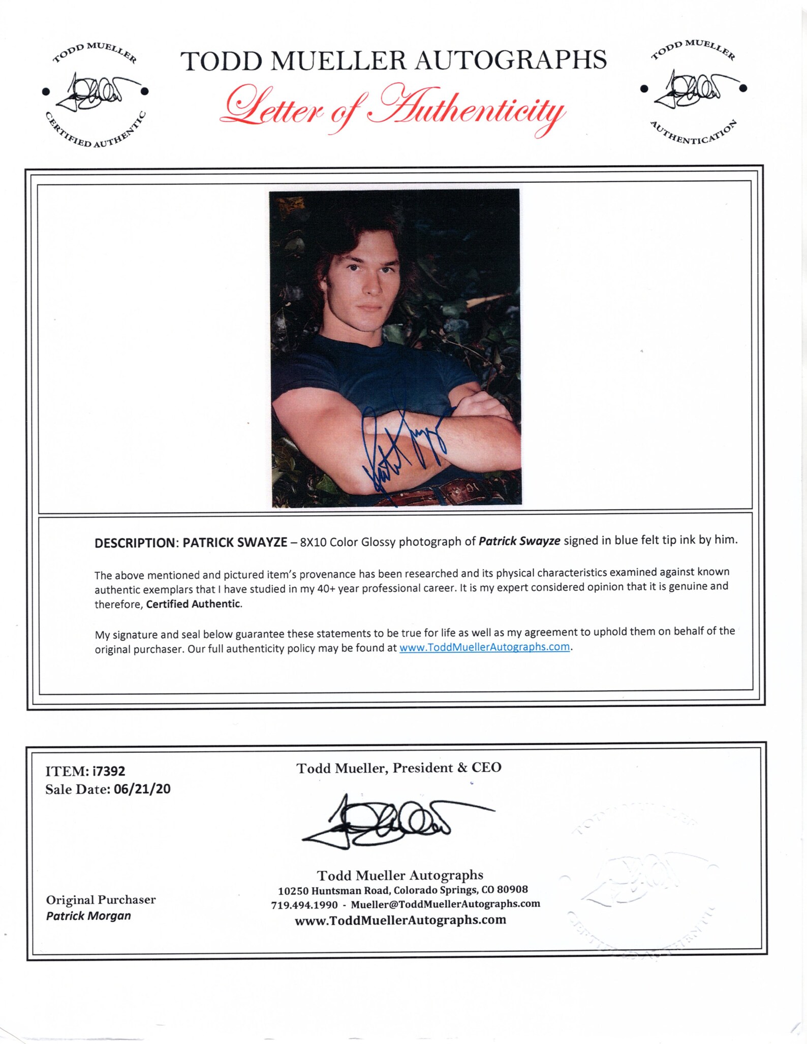 Patrick Swayze Signed Autographed 8x10 Photograph Todd Mueller COA - Etsy