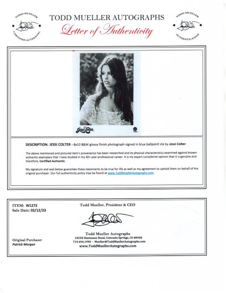 Jessi Colter Signed Autographed 8x10 Photograph Todd Mueller COA - Etsy