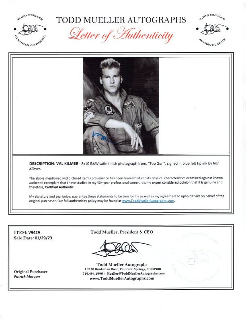Val Kilmer Signed Autographed 8x10 Tom Iceman Kazansky Photograph Todd ...