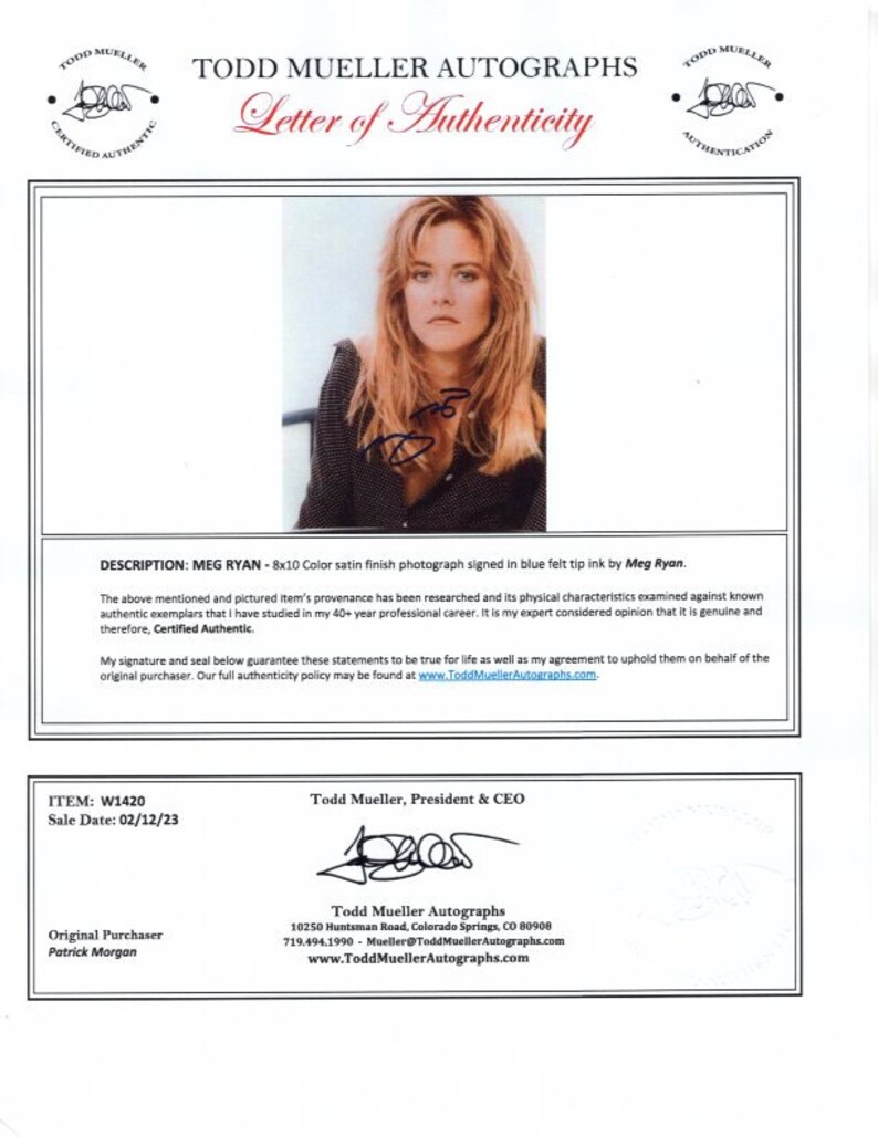 Meg Ryan Signed Autographed 8x10 Photograph Todd Mueller COA - Etsy