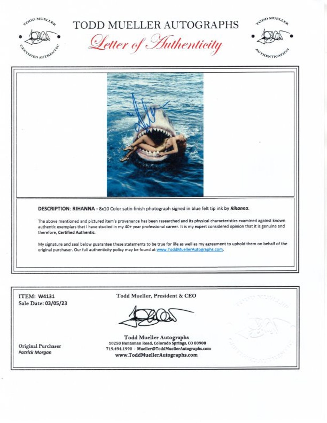 Rihanna Signed Autographed 8x10 Photograph Todd Mueller COA - Etsy