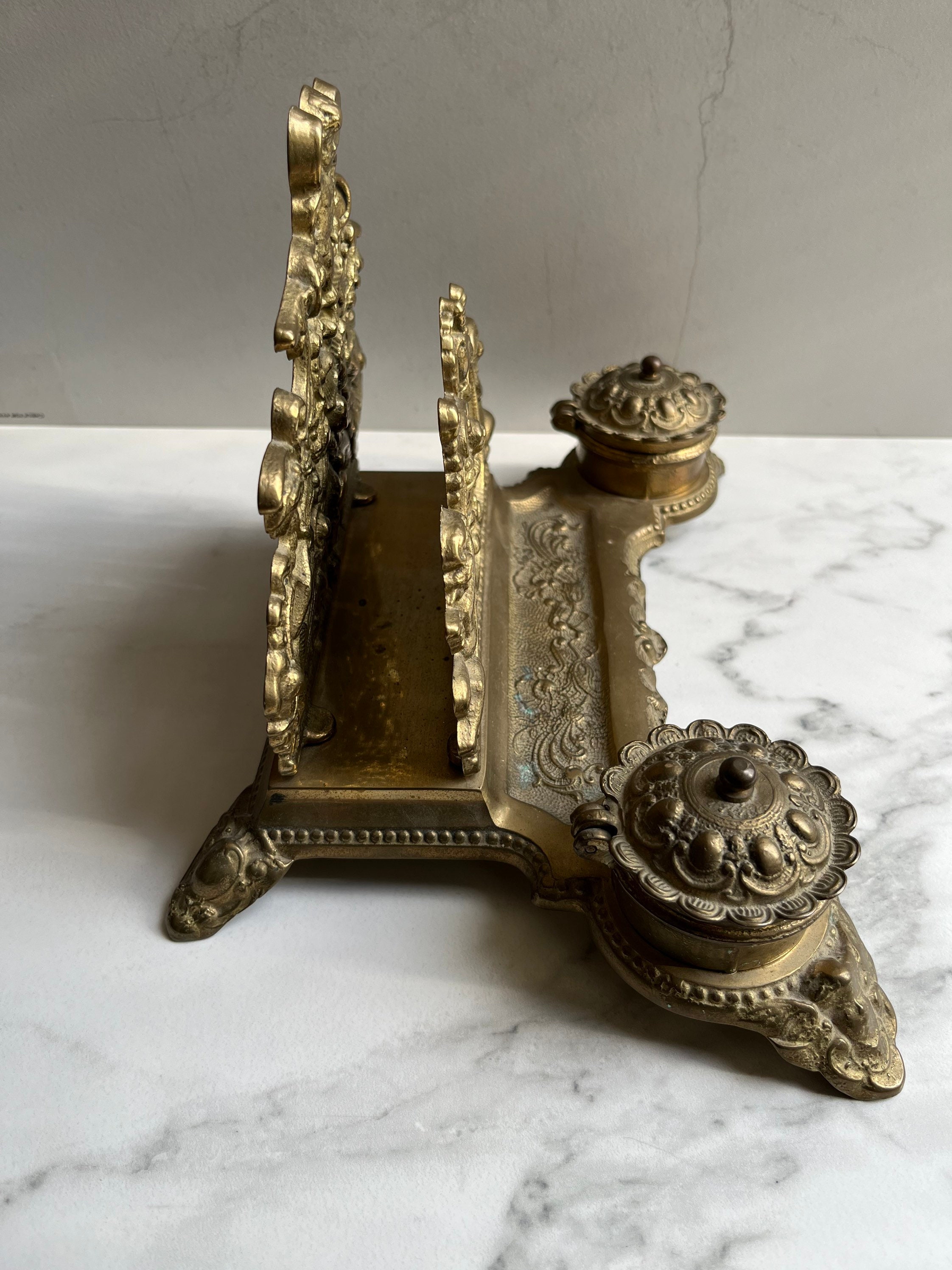 Rare Antique English Gilt Gold Brass Letter Holder and Double Inkwell ...