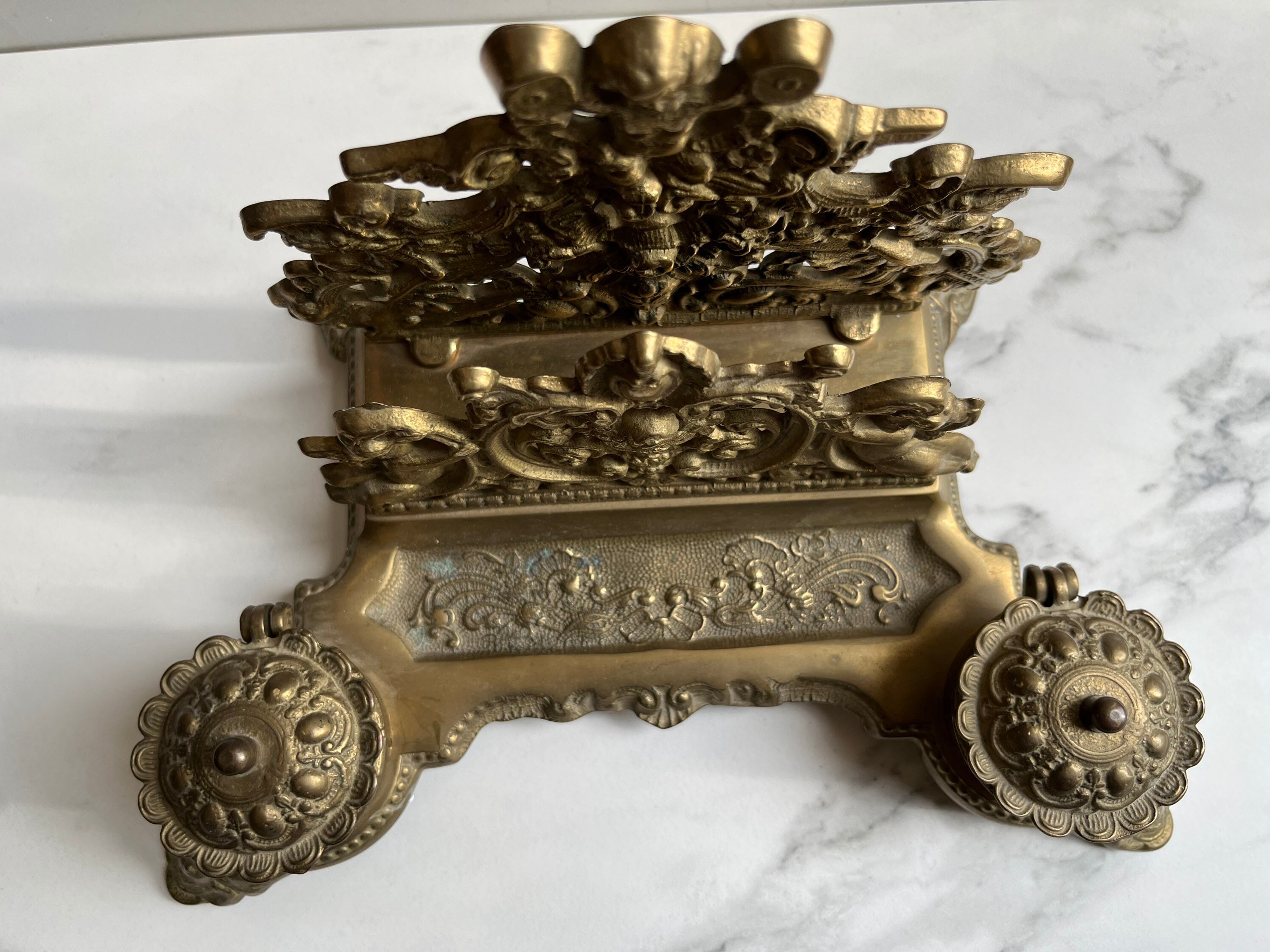 Rare Antique English Gilt Gold Brass Letter Holder and Double Inkwell ...