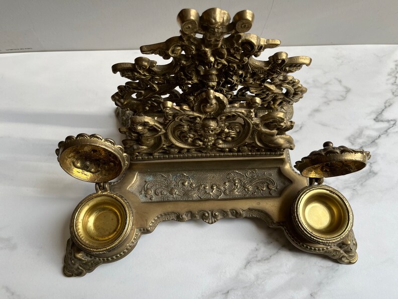 Rare Antique English Gilt Gold Brass Letter Holder and Double Inkwell ...