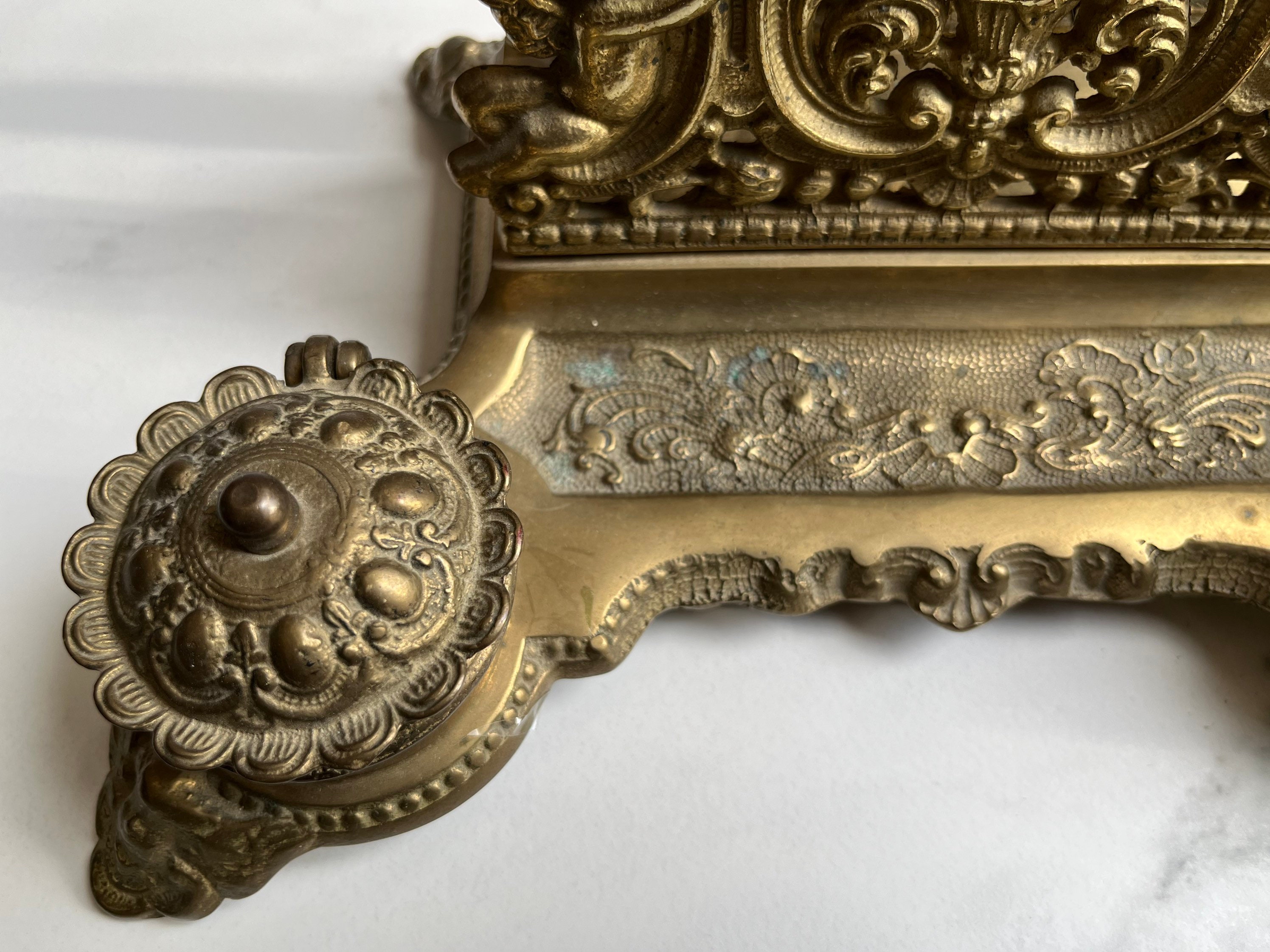 Rare Antique English Gilt Gold Brass Letter Holder and Double Inkwell ...