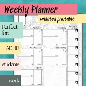 Weekly Planner Printable / ADHD, School, Work, Life / UNDATED 5 Designs ...