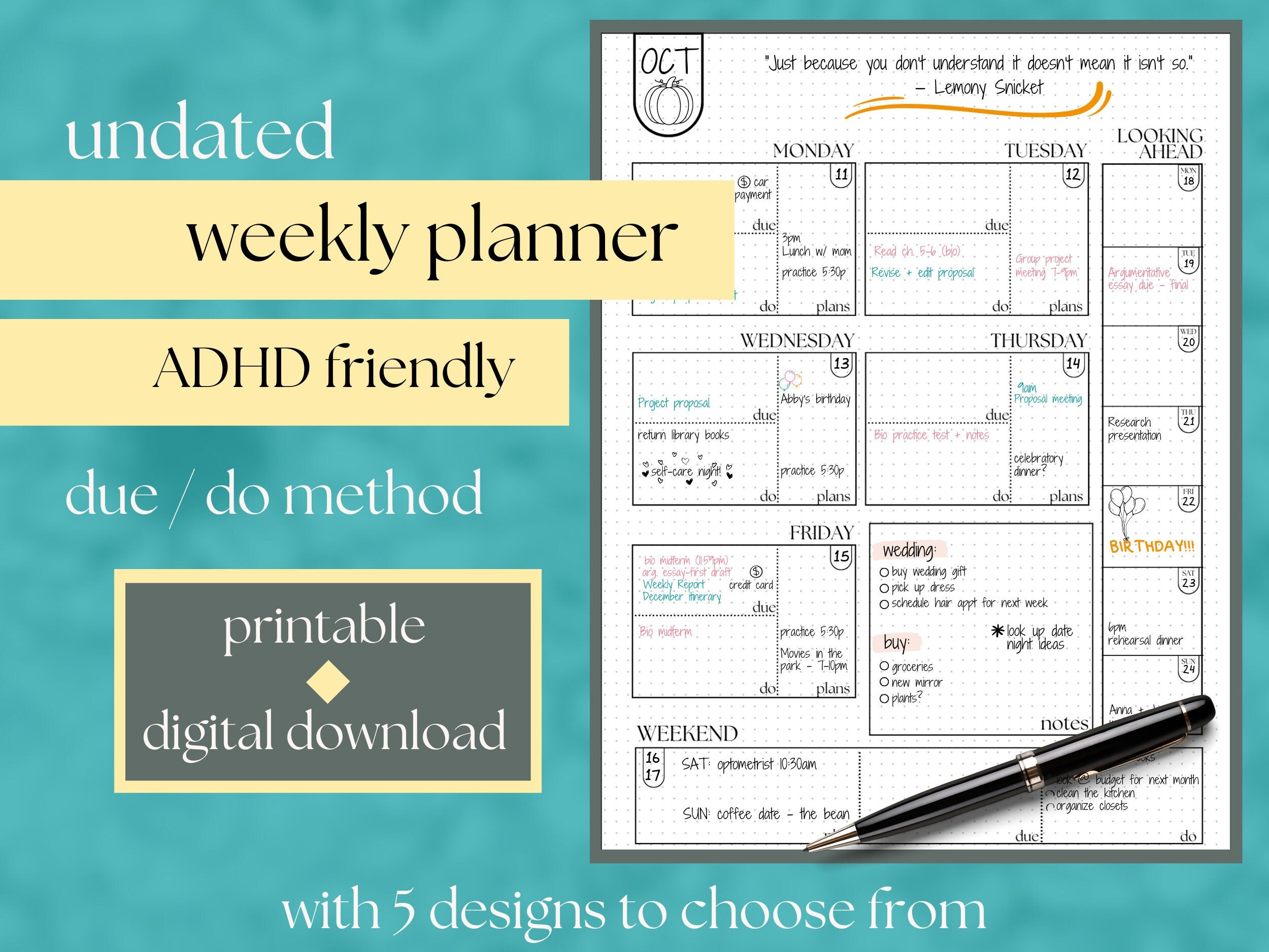 Weekly Planner Printable / ADHD School Work Life / UNDATED - Etsy