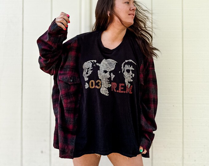 Upcycled R.E.M. Flannel Shirt: Reworked Vintage Band Tee, Oversized 3XL ...