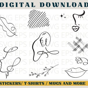 Face Line Art Bundle, Lady Hobo Lineart Bundle, Face Silhouette Clipart ...