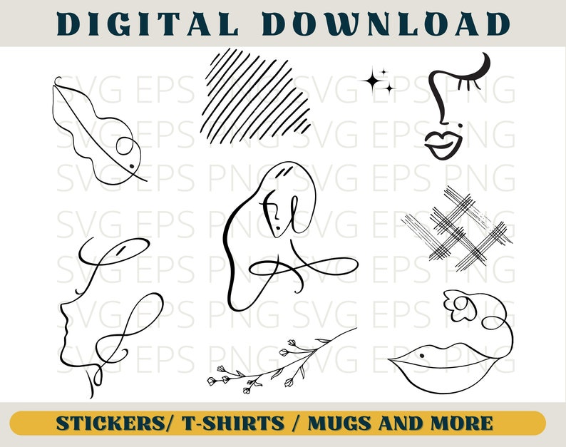 Face Line Art Bundle, Lady Hobo Lineart Bundle, Face Silhouette Clipart ...