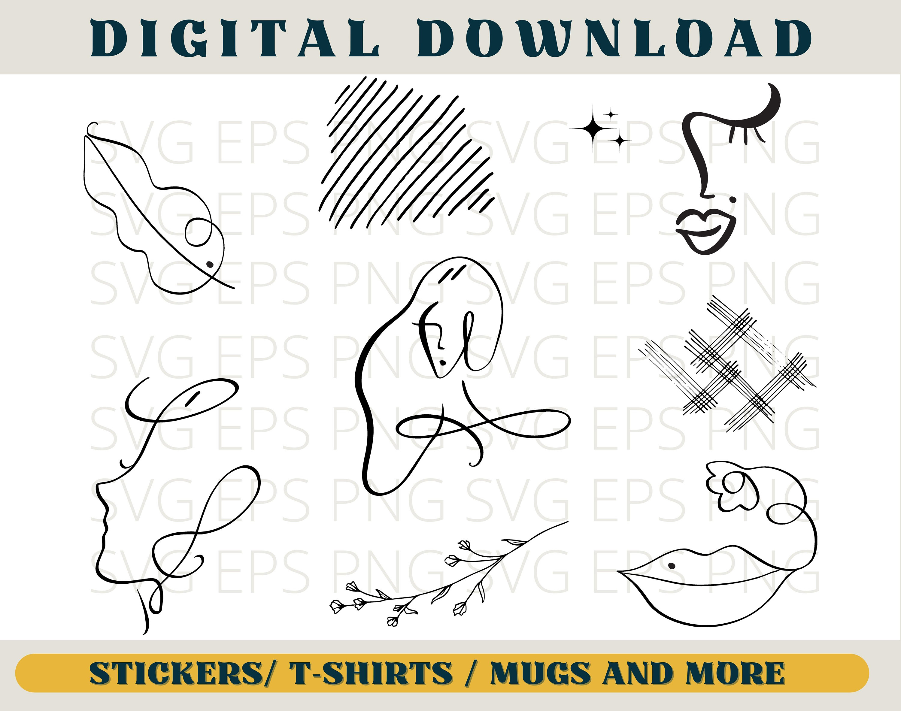 Face Line Art Bundle, Lady Hobo Lineart Bundle, Face Silhouette Clipart ...