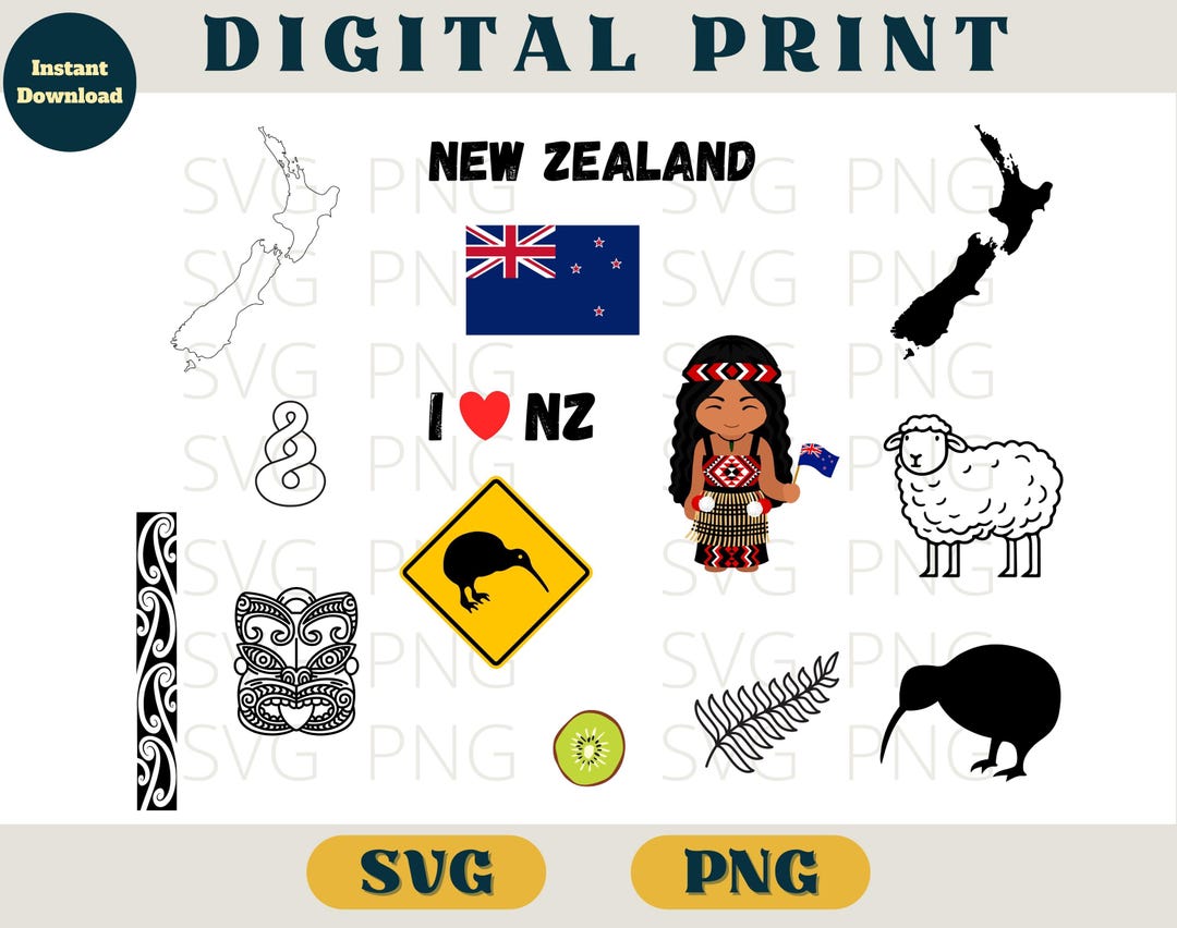 New Zealand Bundle | Nz Cut File | Kiwi Clipart Svg Png | NZ Flag ...